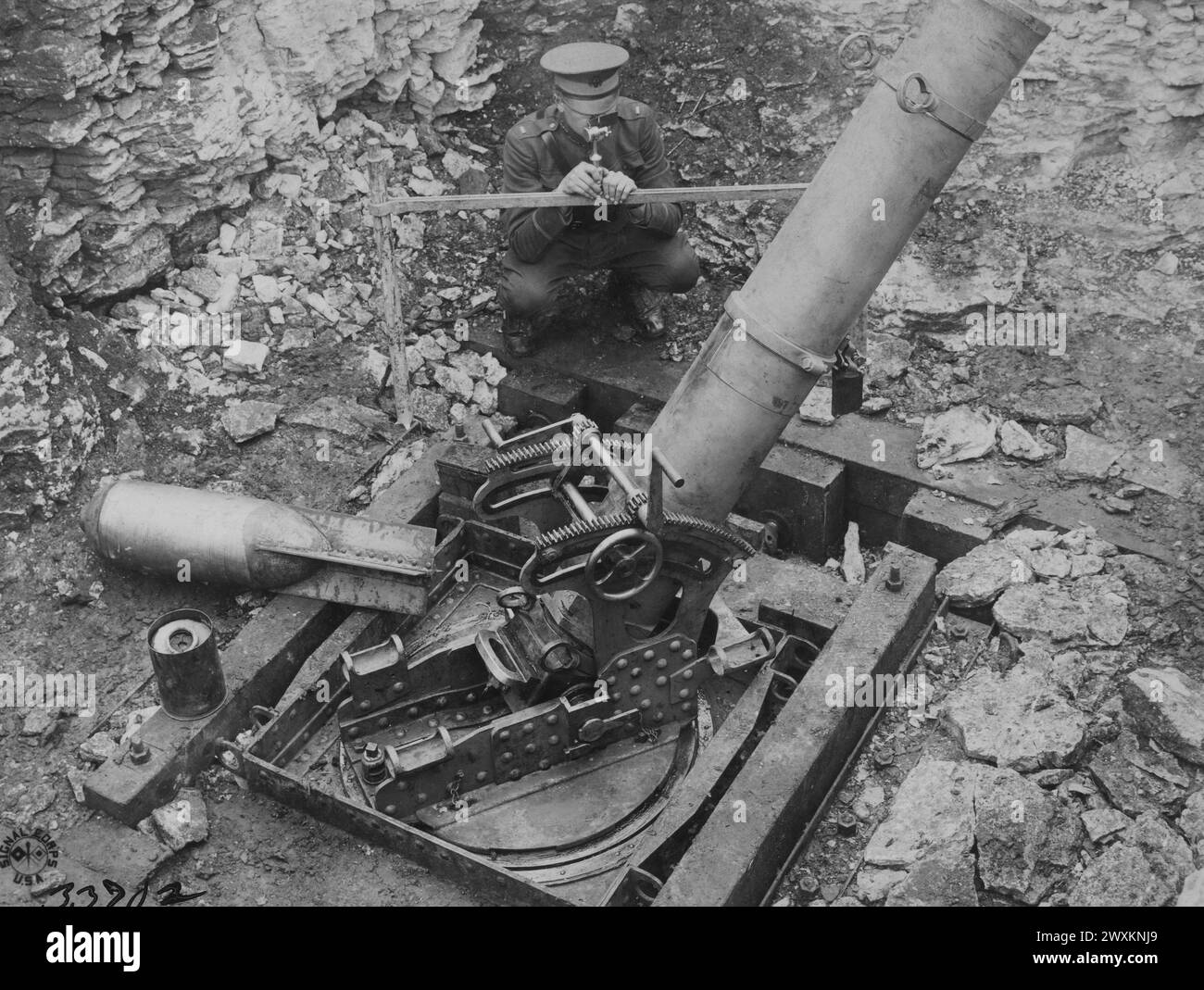 A 240 mm trench mortar (French design) in a dugout emplacement, showing ...