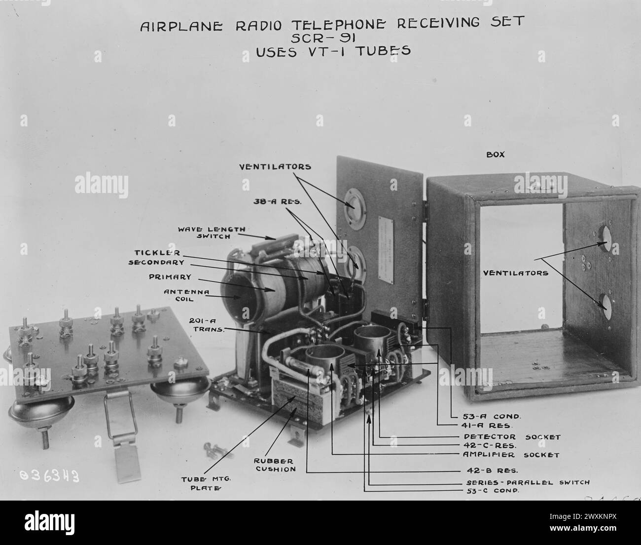 A close up of an airline telephone receiving set SCR-91 (uses VT-1 ...