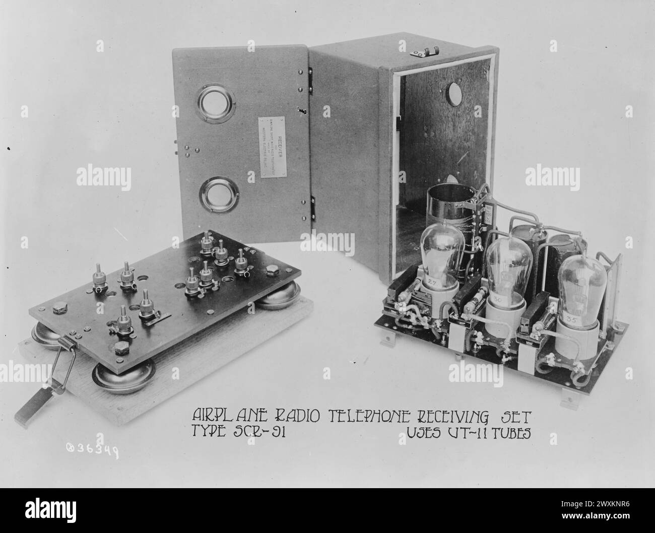 A close up of an airline telephone receiving set SCR-91 (uses VT-11 ...