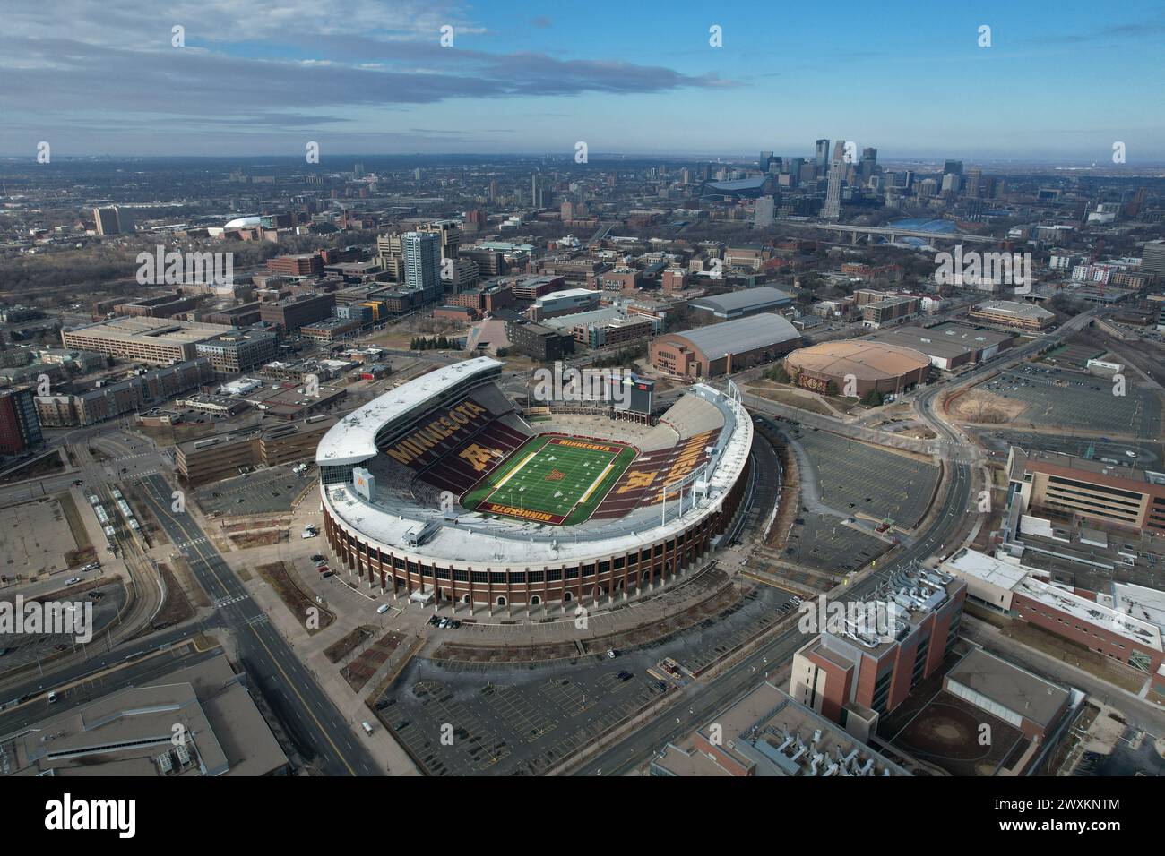 A general overall aerial view of Huntington Bank Stadium on the campus ...
