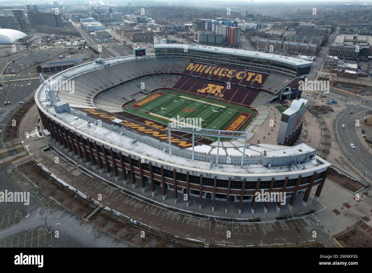 A general overall aerial view of Huntington Bank Stadium on the campus ...