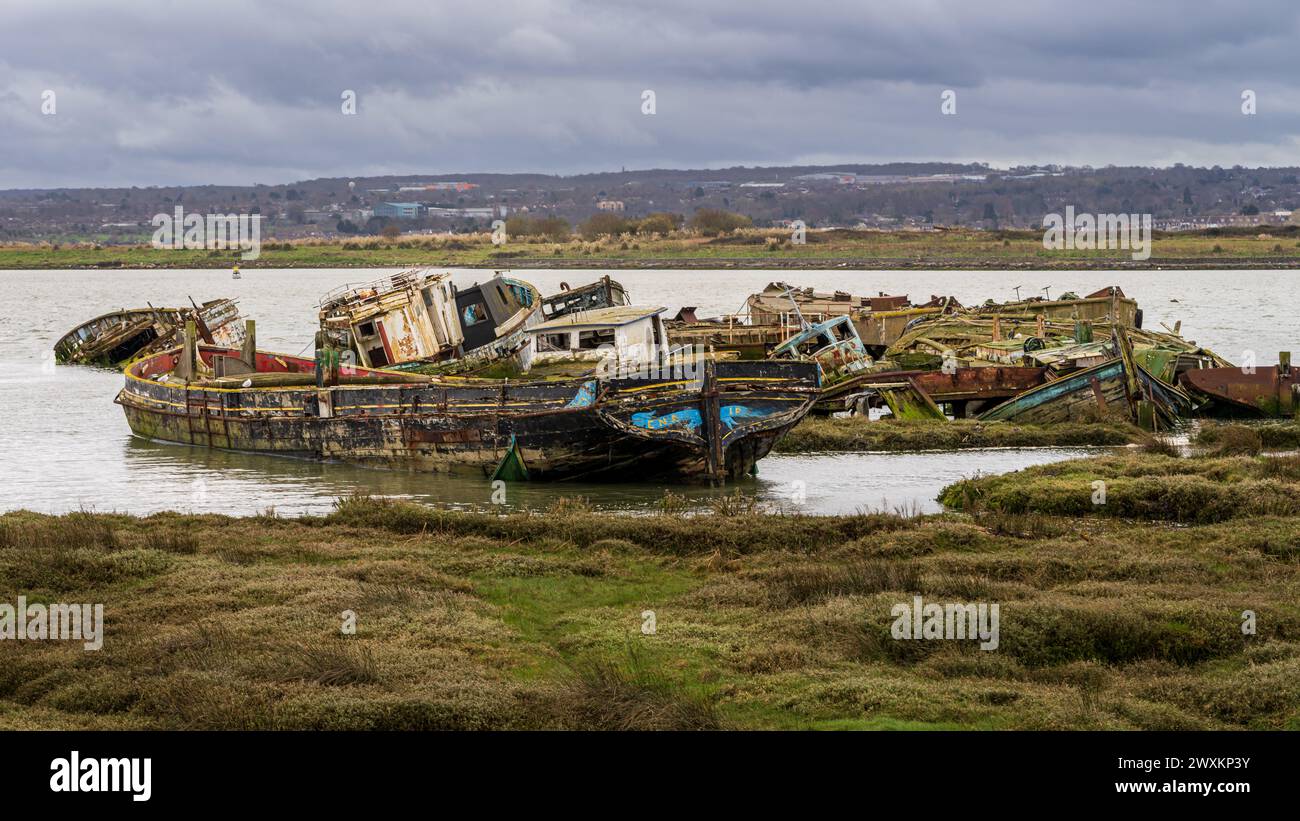 Hoo Marina Park, Kent, England, UK - March 21, 2023: Shipwrecks on the ...