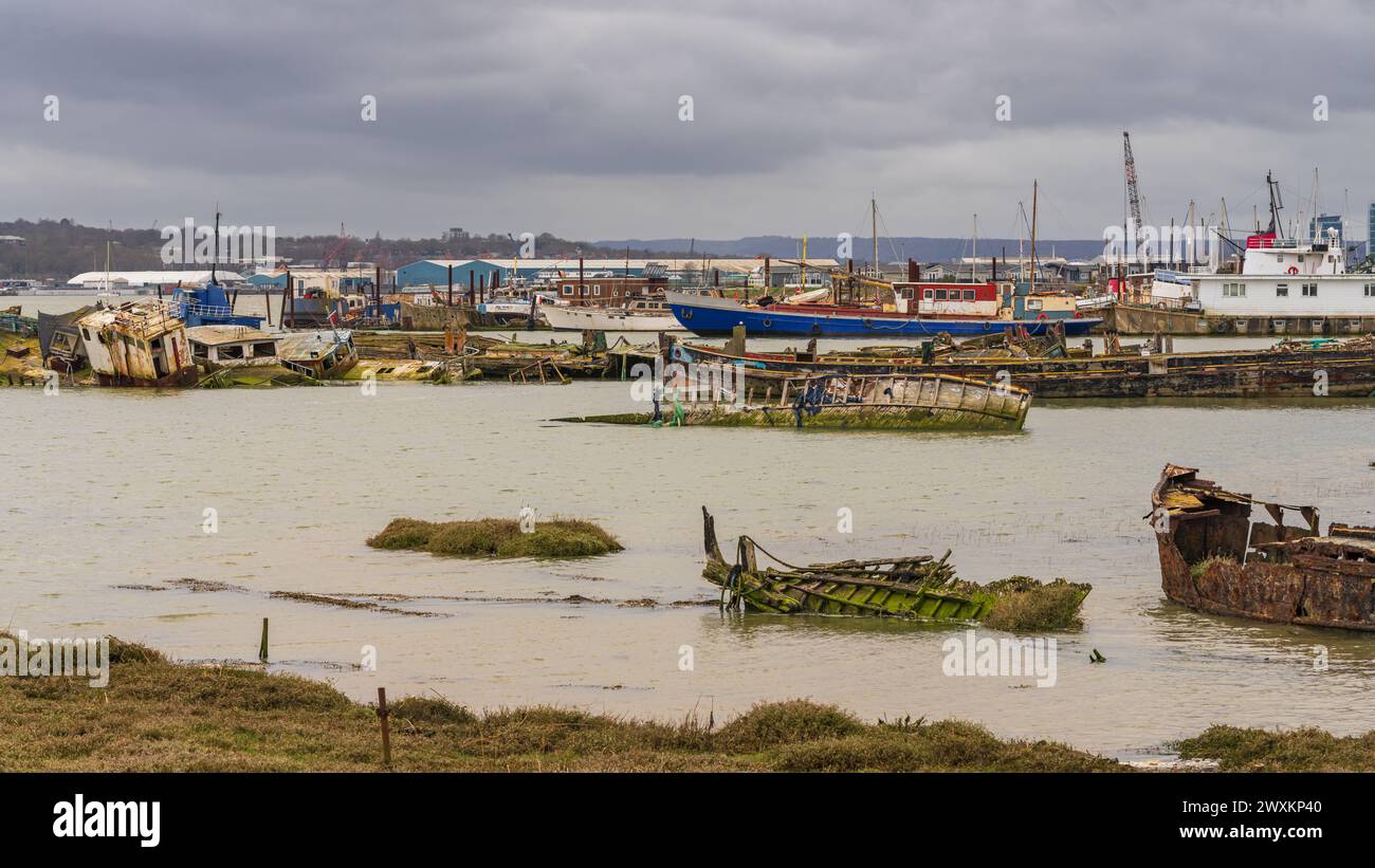 Hoo Marina Park, Kent, England, UK - March 21, 2023: Shipwrecks on the ...