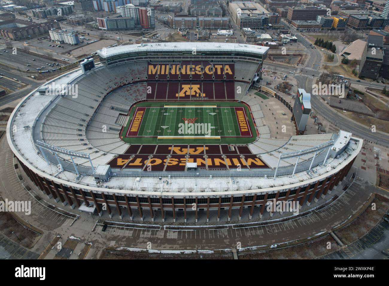 A general overall aerial view of Huntington Bank Stadium on the campus ...