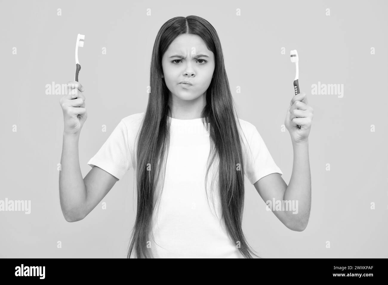 Teen girl hold toothbrush, childhood happiness, morning routine. Brush ...