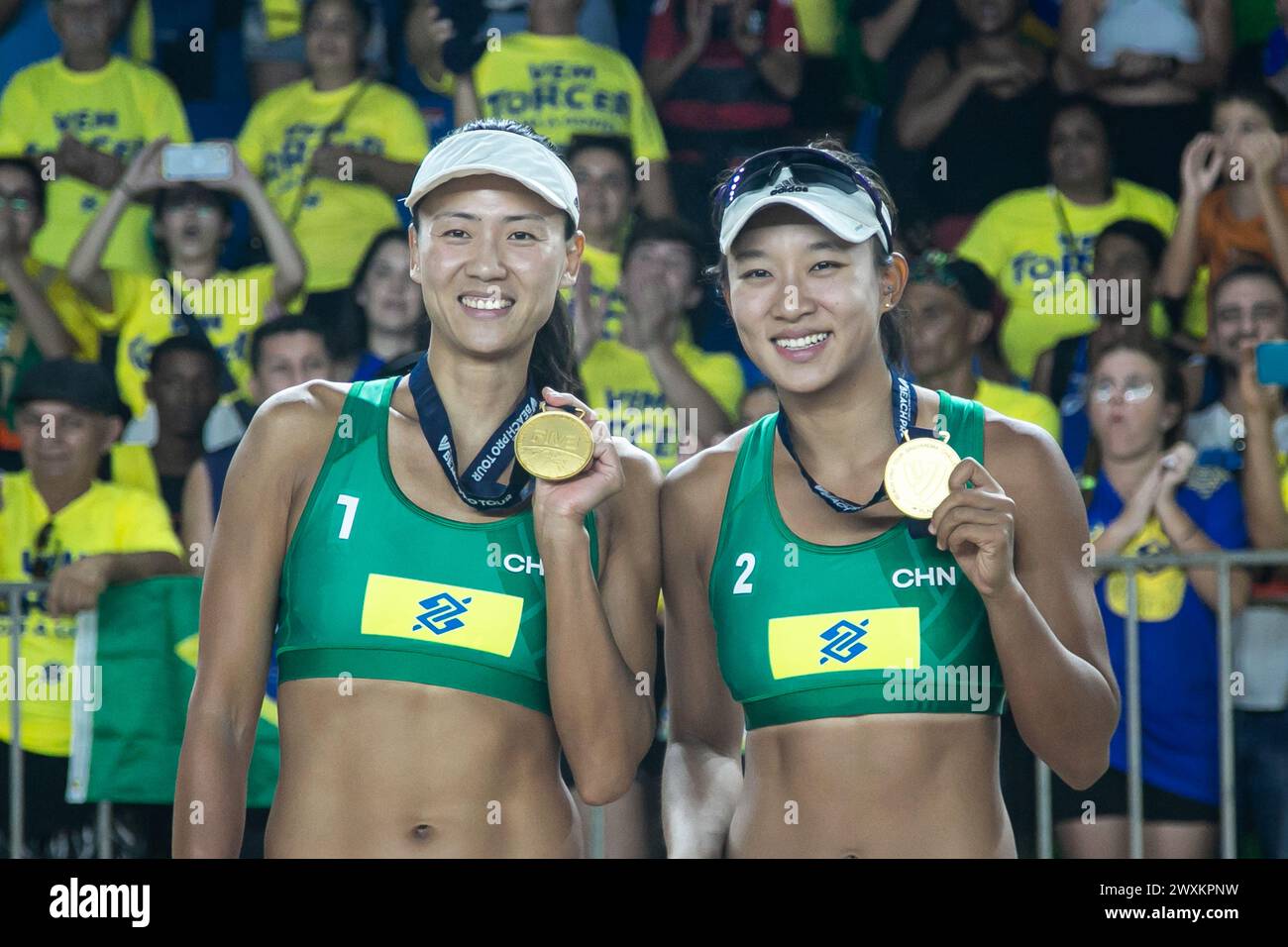 Saquarema, Brazil. 31st Mar, 2024. Gold medalists Xue Chen (L)/Xia ...