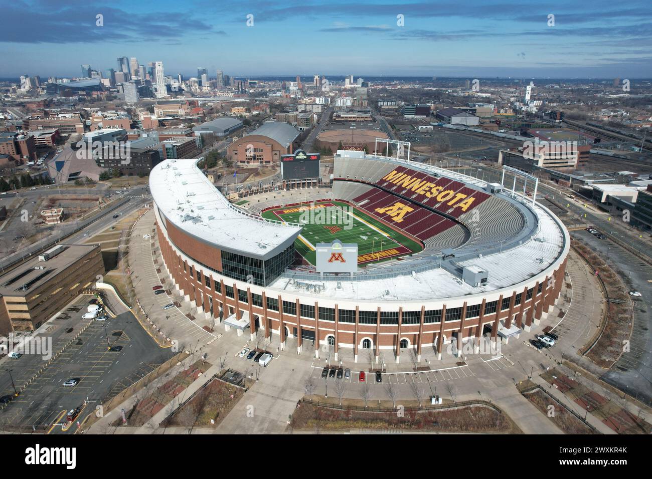 A general overall aerial view of Huntington Bank Stadium on the campus ...