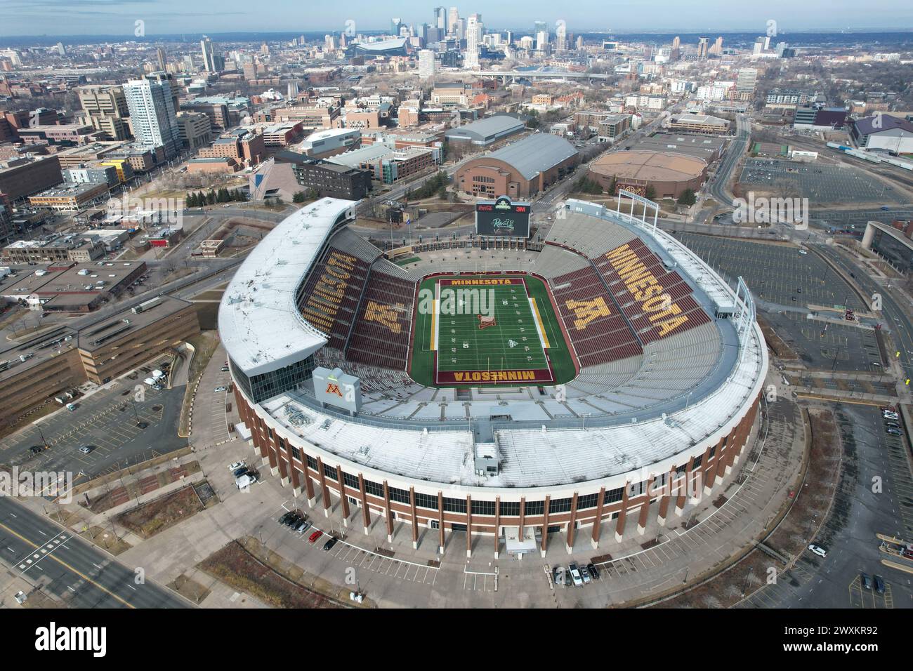 A general overall aerial view of Huntington Bank Stadium on the campus ...