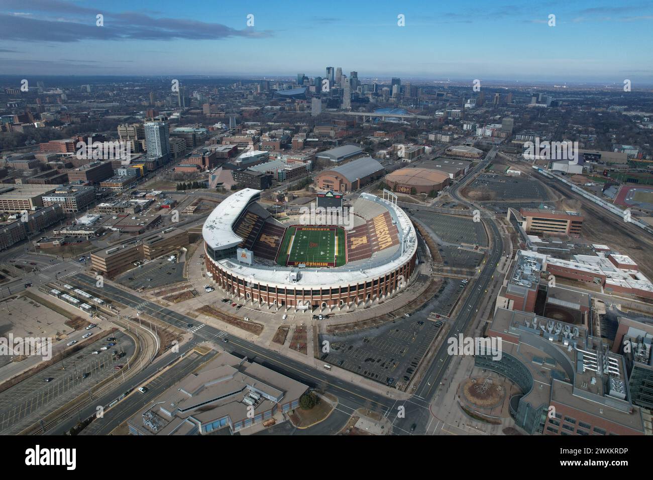 A general overall aerial view of Huntington Bank Stadium on the campus ...