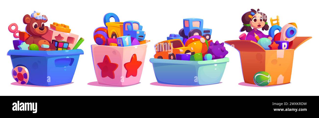 Kid box with bear toy, ball and child car cartoon. Full gift chest ...