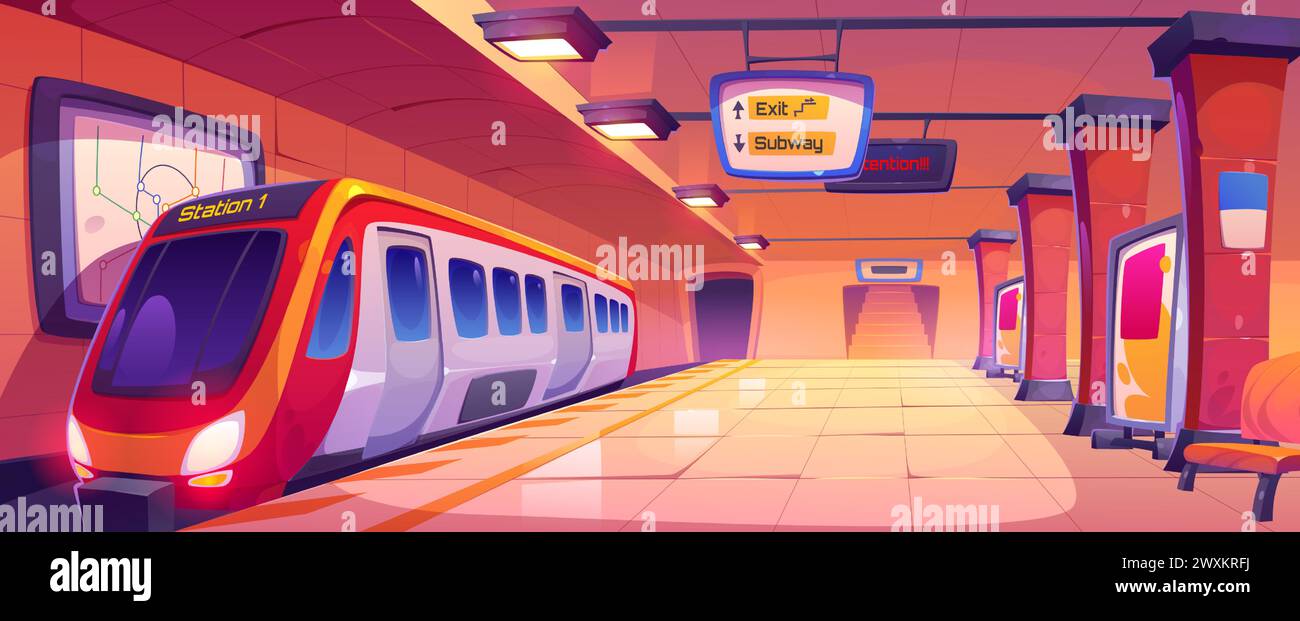 Train on subway station. Underground city metro railway illustration ...
