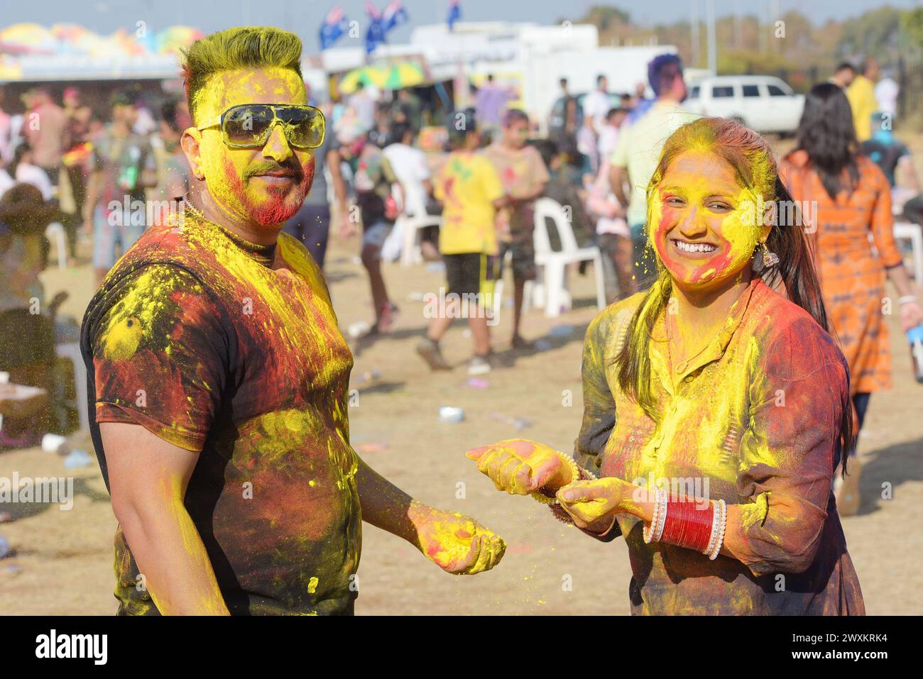 People celebrating Festivals of colors Holi at Sri Durga Mata Temple in ...