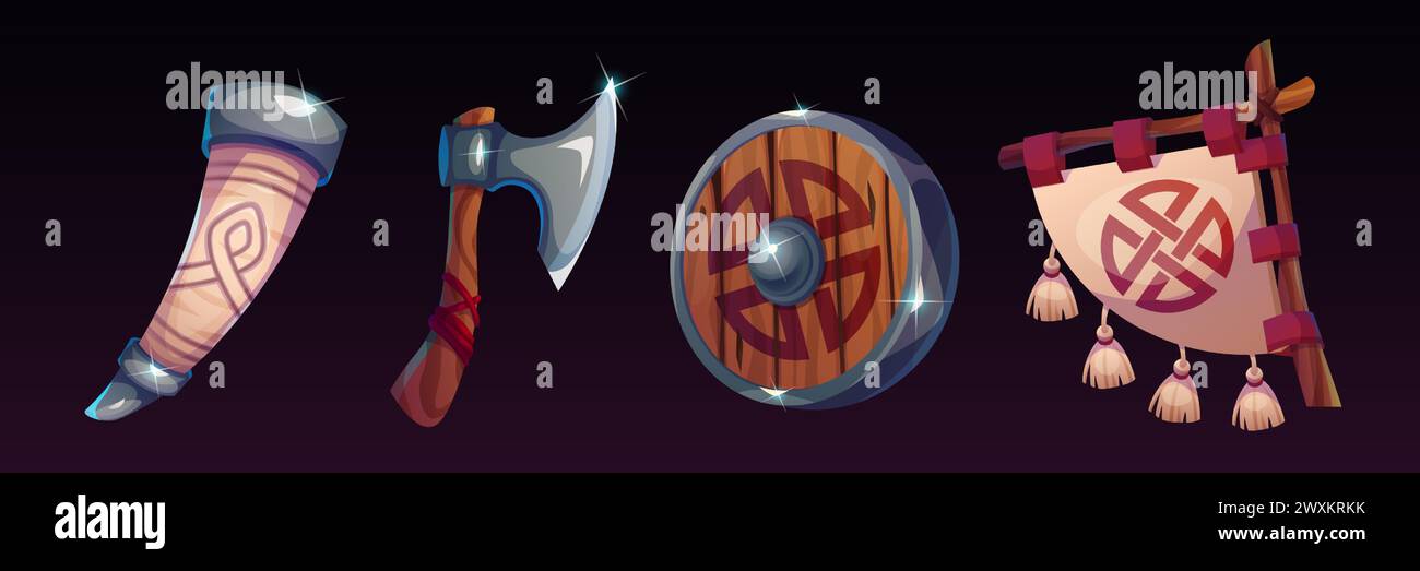 Viking magic game ui icons set. Cartoon vector illustration set of medieval warrior weapon and ...