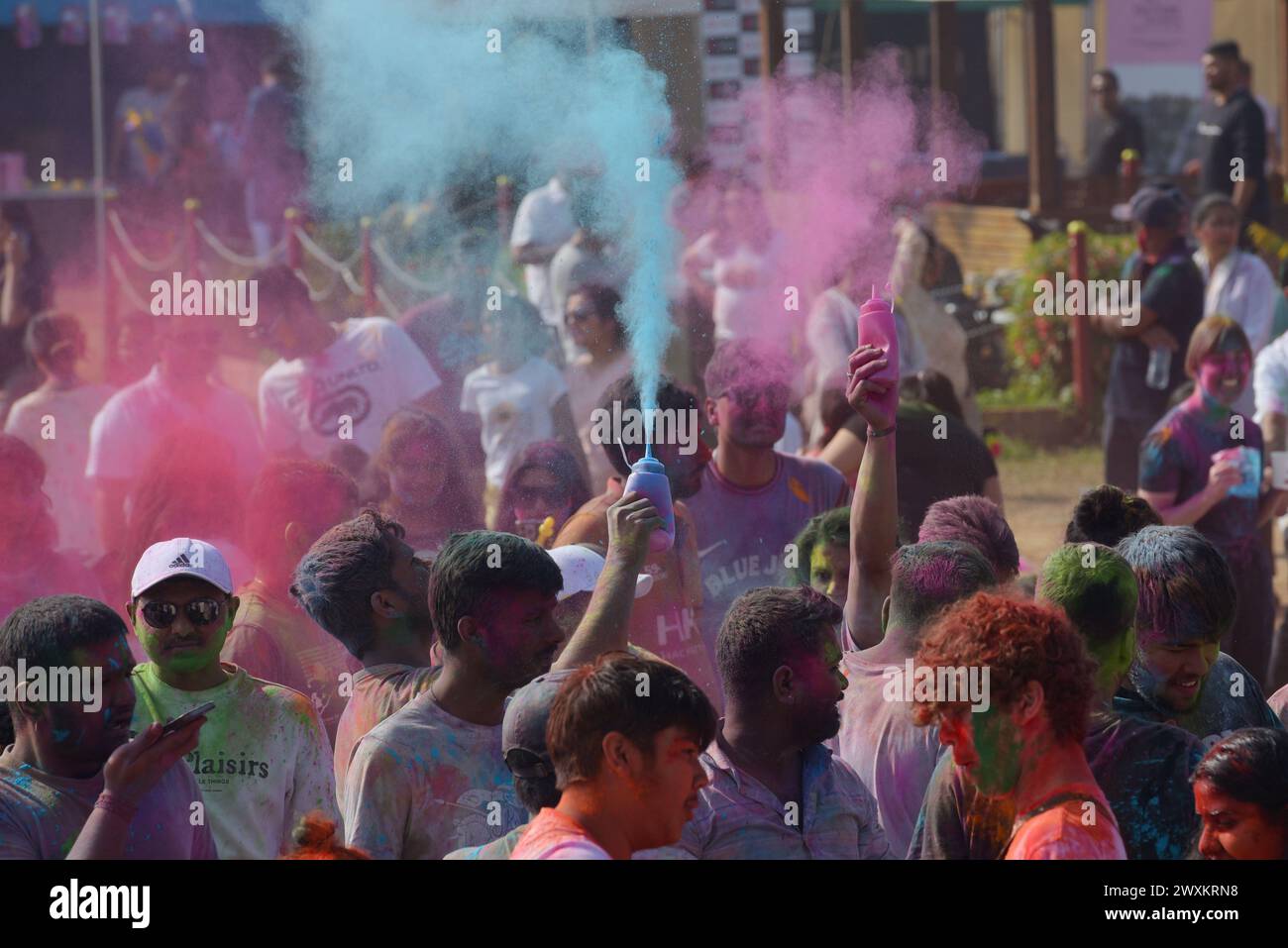 People celebrating Festivals of colors Holi at Sri Durga Mata Temple in ...