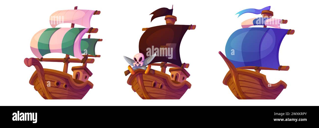 Old wooden sailboats set isolated on white background. Vector cartoon ...