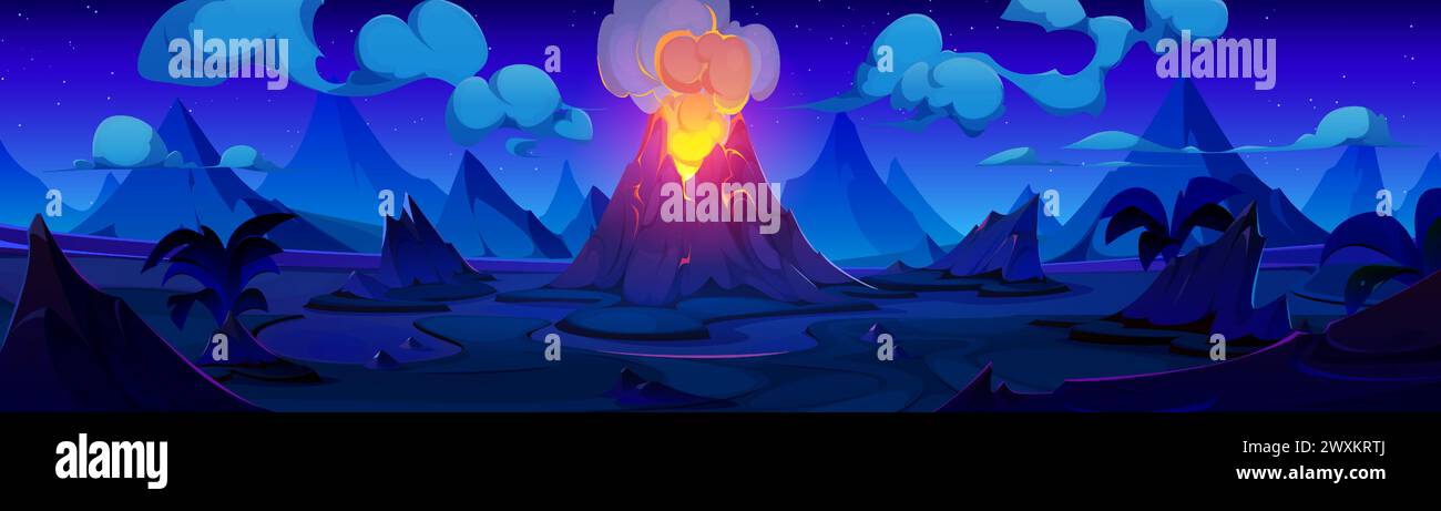 Volcano erupt with glow lava and smoke at night. Cartoon vector ...