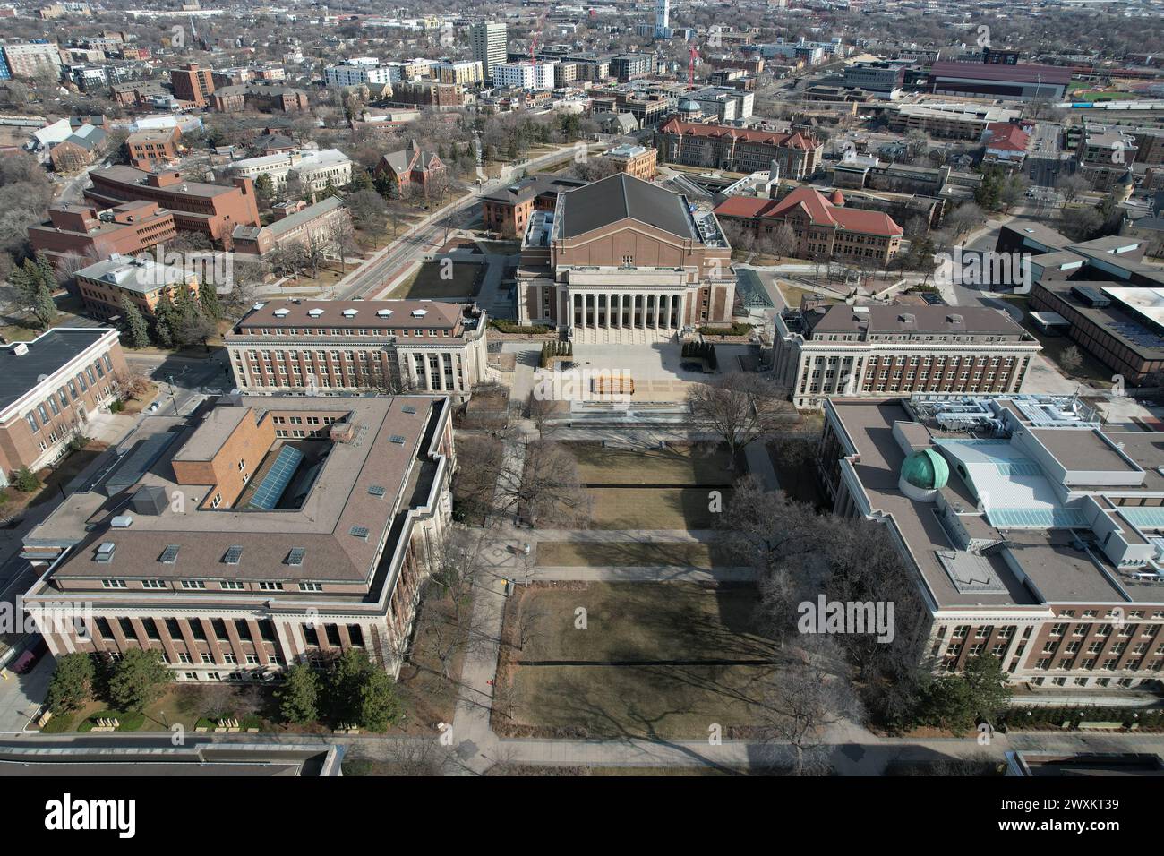 A general overall aerial view of the Cyrus Northrop Memorial Auditorium ...