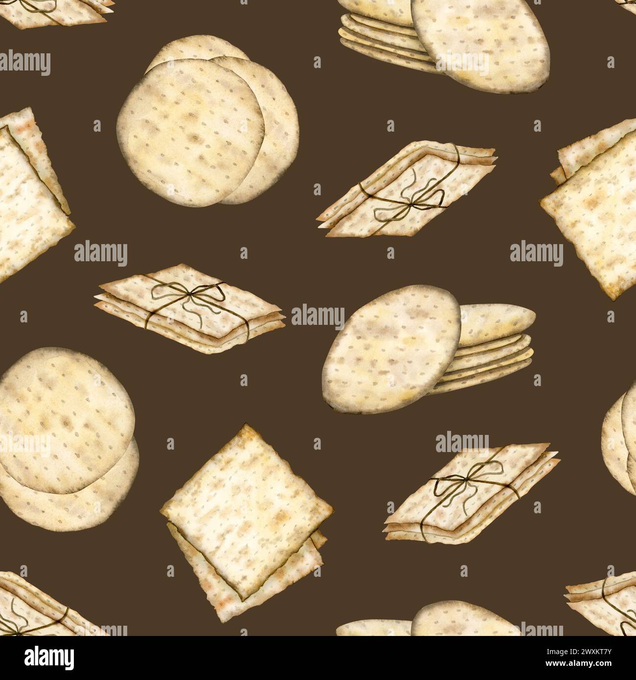 Watercolor matzah Passover bread seamless pattern on dark brown ...