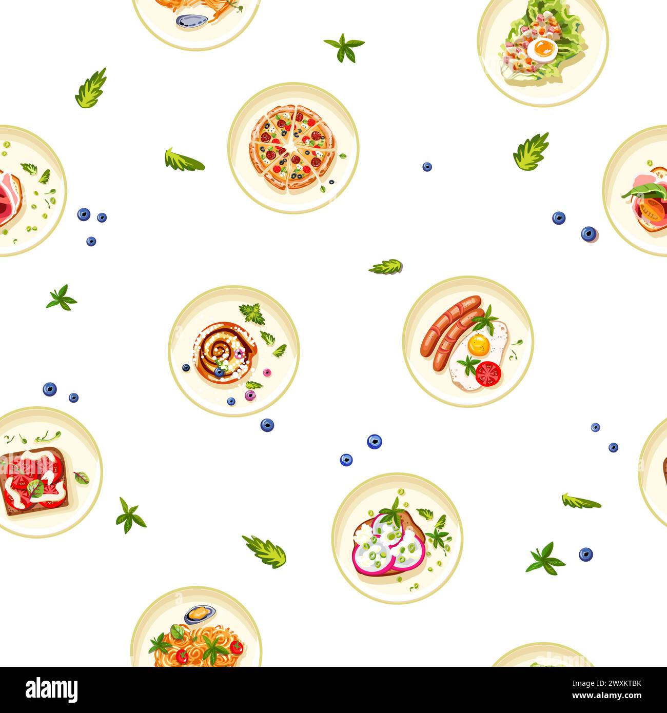 Seamless pattern with plates of food. Decorative food pattern on a ...