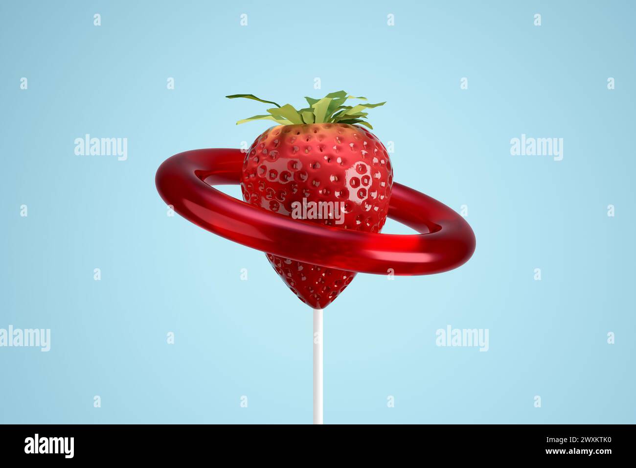 Strawberry planet with orbit on blue background. Minimal abstract fruit ...