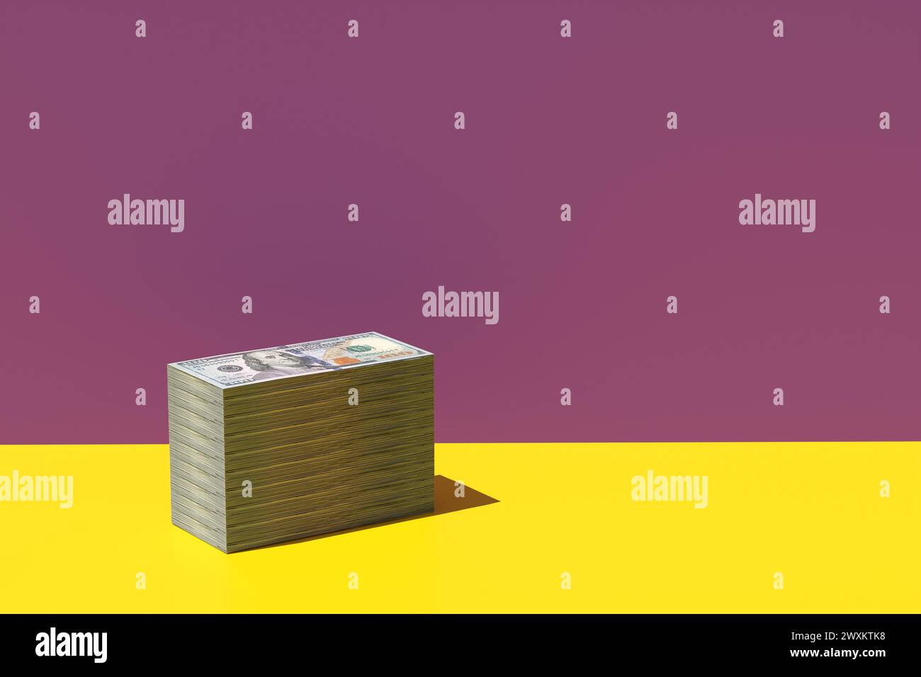 Stack of US 100 dollar bill paper currency on yellow purple background ...