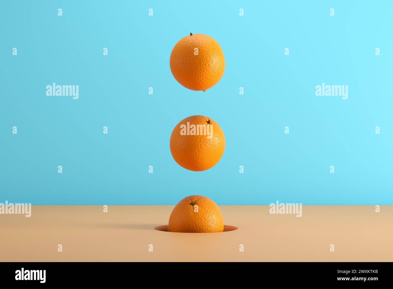 Orange fruit falling from a hole on blue background. 3D rendering ...