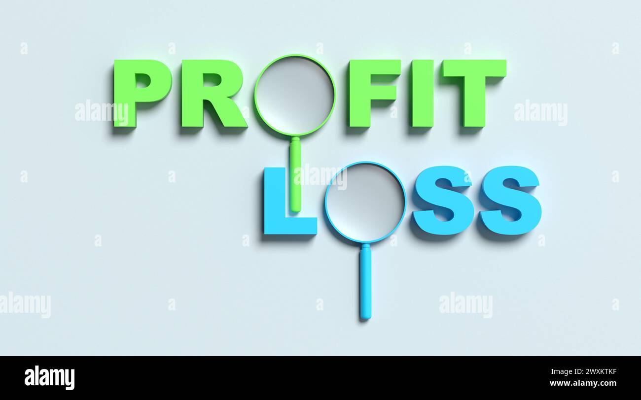 The words profit and loss with magnifying glasses. Financial analysis ...