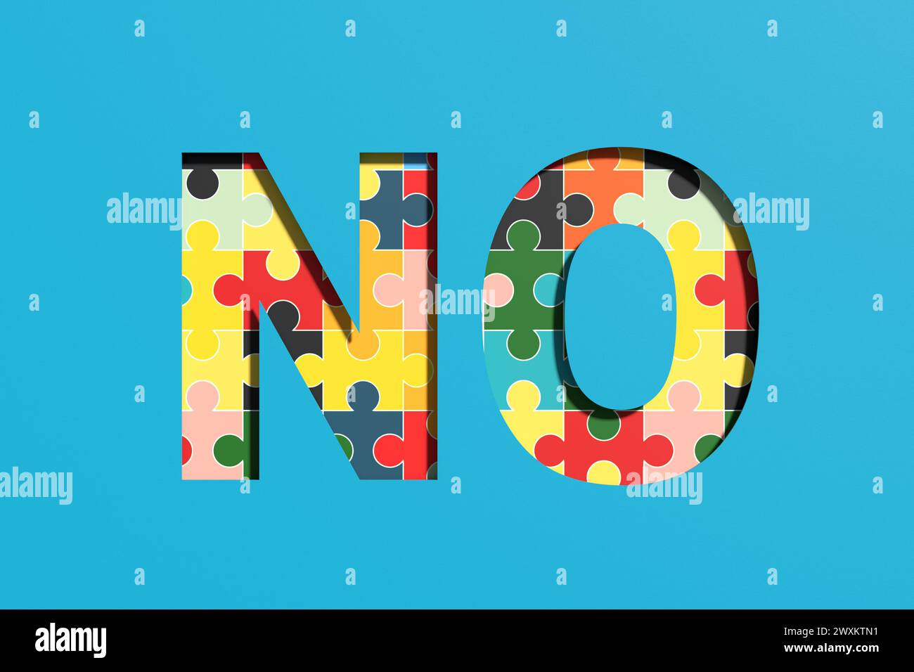 The word no in colorful puzzle texture design on blue background. 3D ...