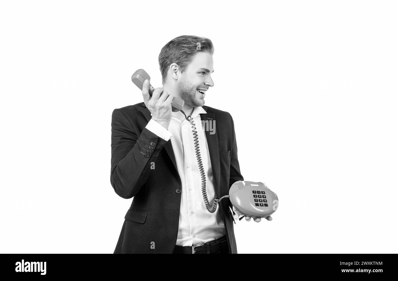 Happy manager picked up vintage telephone receiver holding old ...