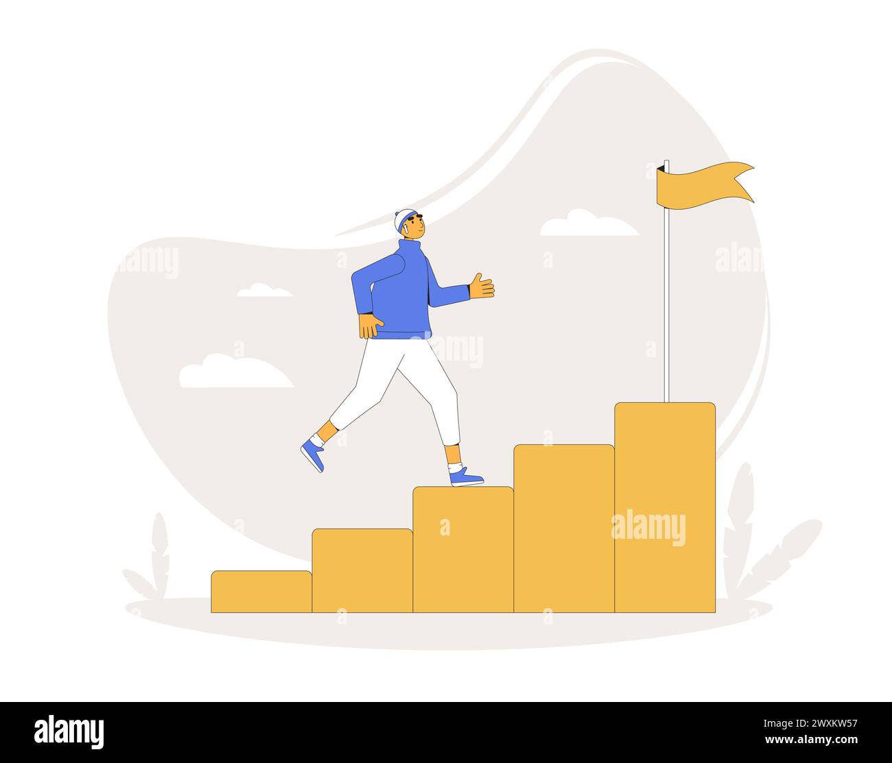 Business career ladder. Young man climbing up stairs to reach goal ...