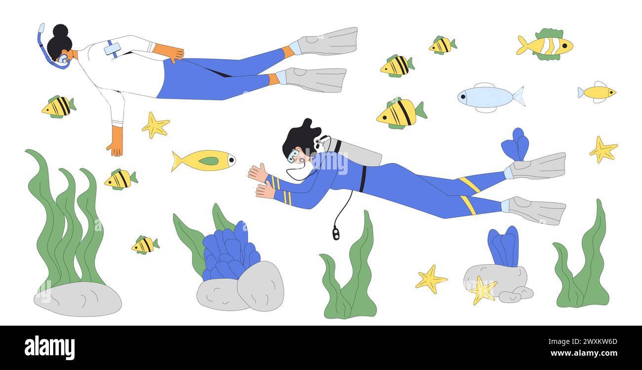 Diving snorkelling set. Women divers swimming in water suits, oxygen ...