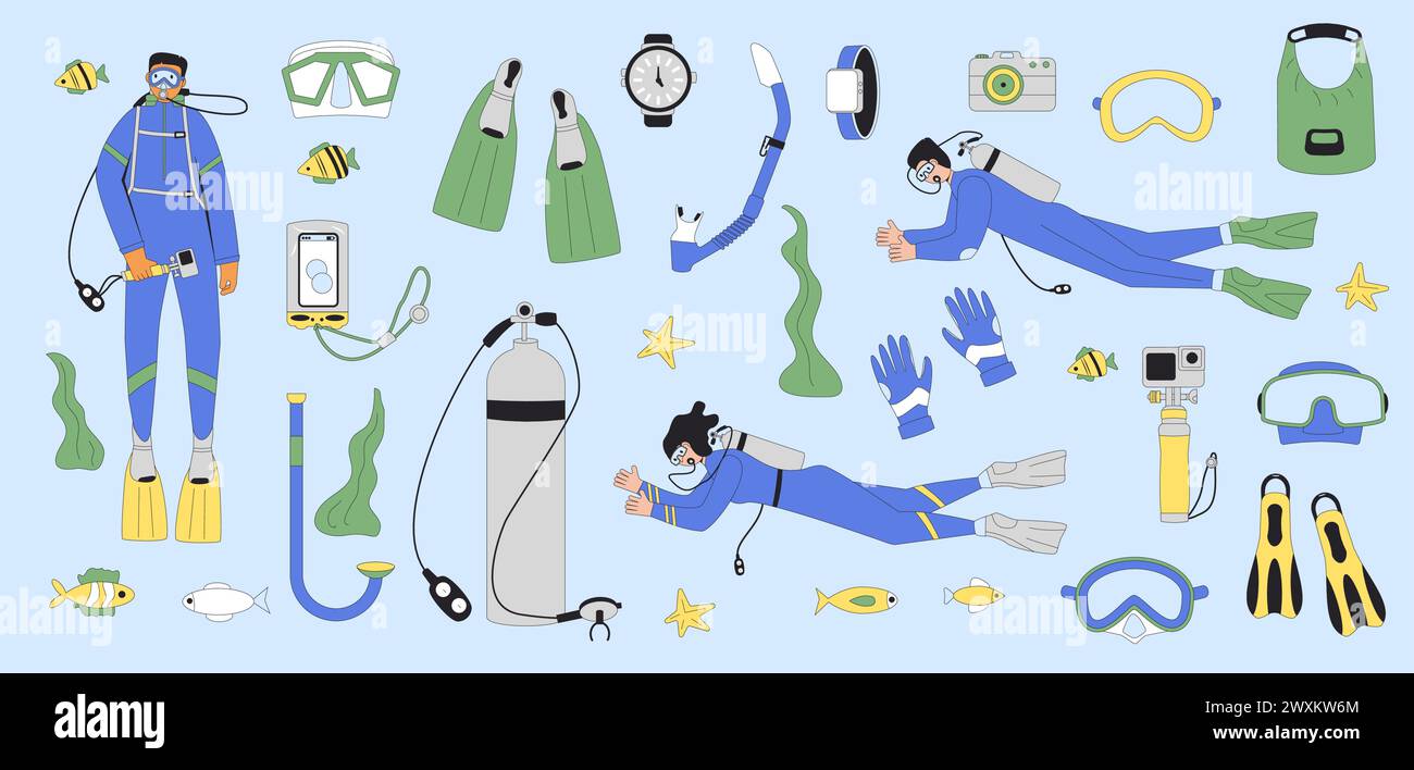 Scuba diving set. Men and women divers swimming in water suits, oxygen ...