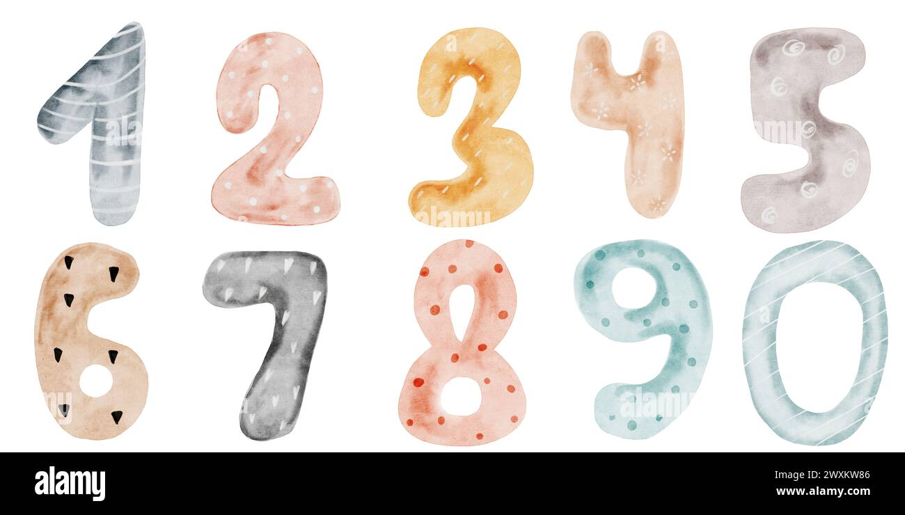 Watercolor Numbers. Set of colorful cute numbers. Clip art isolated on ...