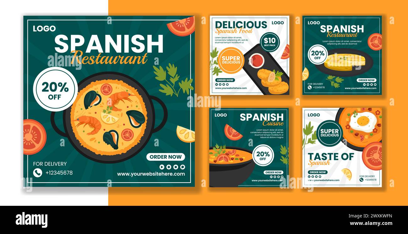Spanish Restaurant Social Media Post Flat Cartoon Hand Drawn Templates ...