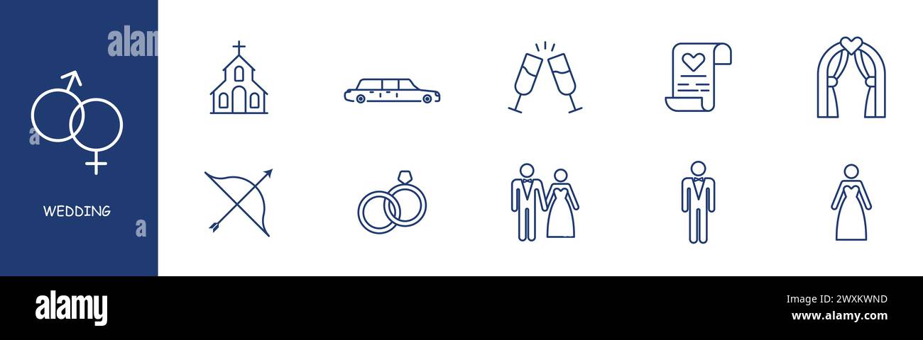 Wedding set line icon. Church, bow, Cupid, love, emotions, couple ...