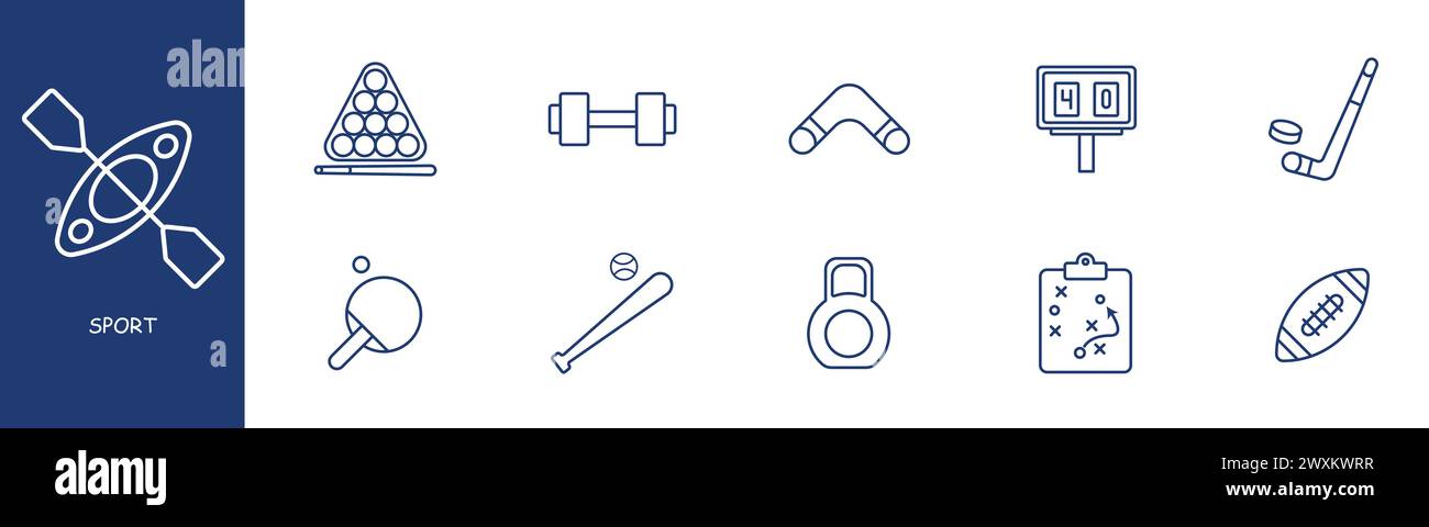 Sport set line icon. Billiards, stick, ball, dumbbell, boomerang, bat ...