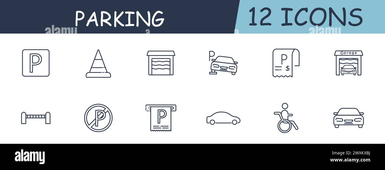 Parking set line icon. Car, stroller, garage, cone, bill. 12 line icon ...