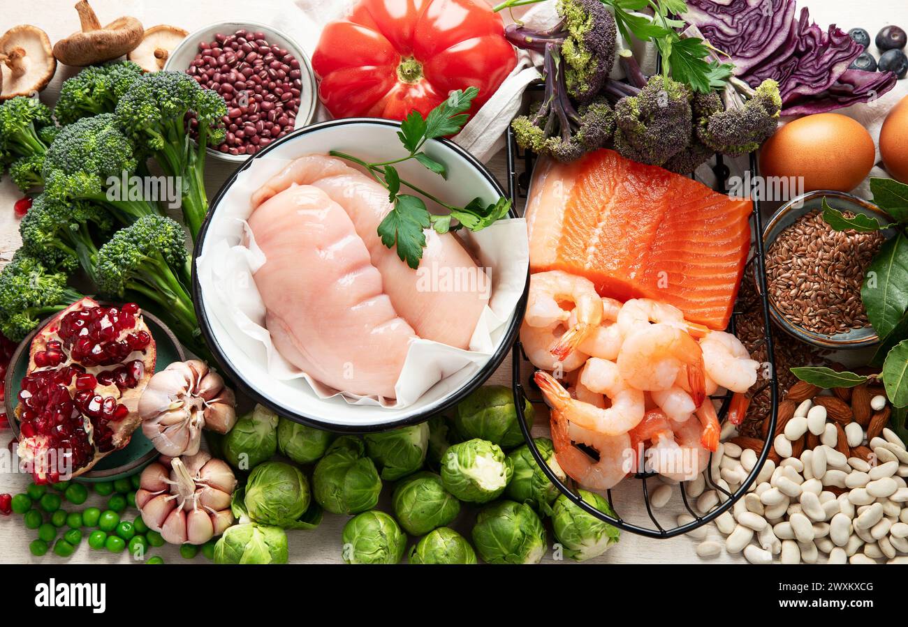 Balanced diet food background. Healthy food selection. Detox and clean ...