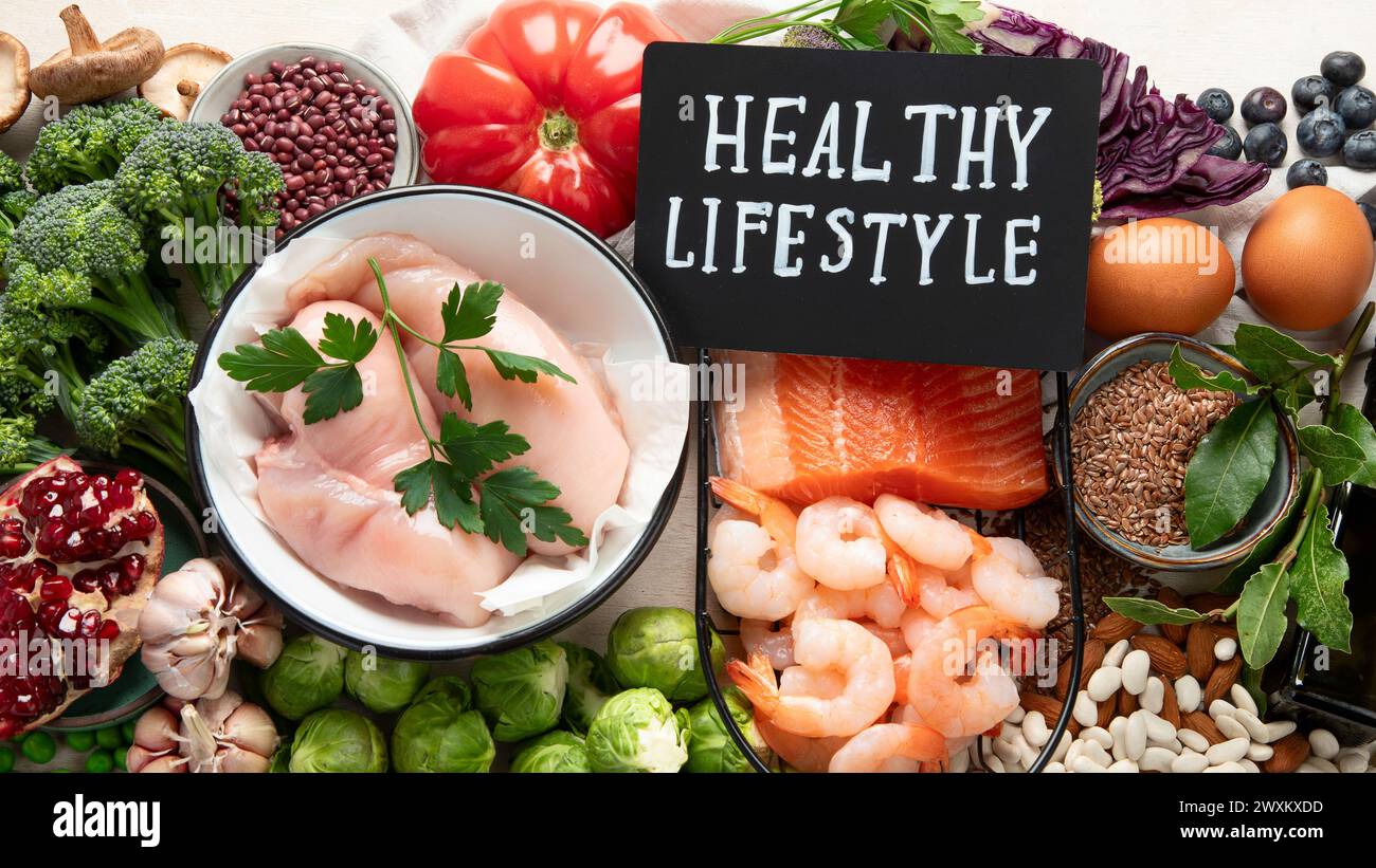 Balanced diet food background. Healthy food selection. Detox and clean ...