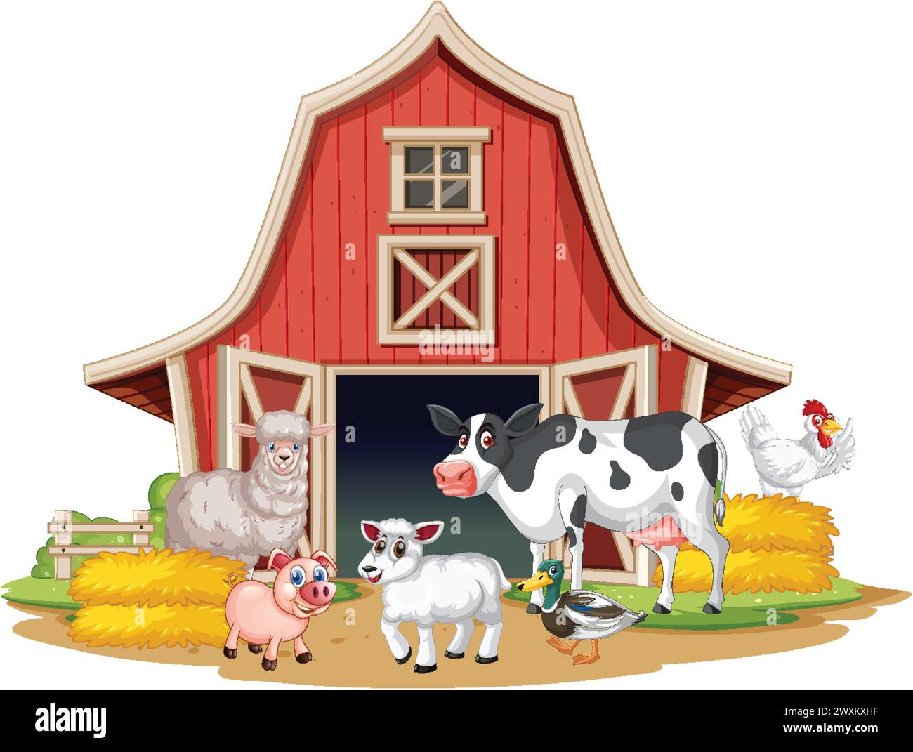 Illustration of farm animals in front of a barn Stock Vector Image ...