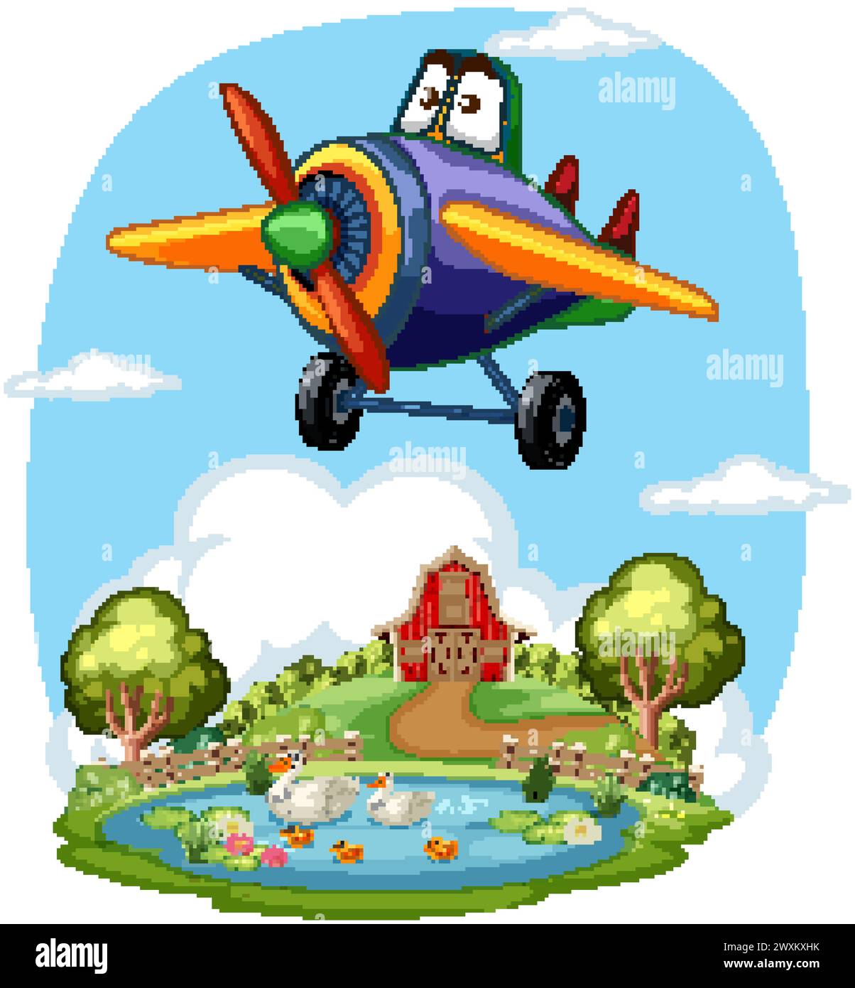 Cartoon airplane above a scenic farm landscape Stock Vector Image & Art ...