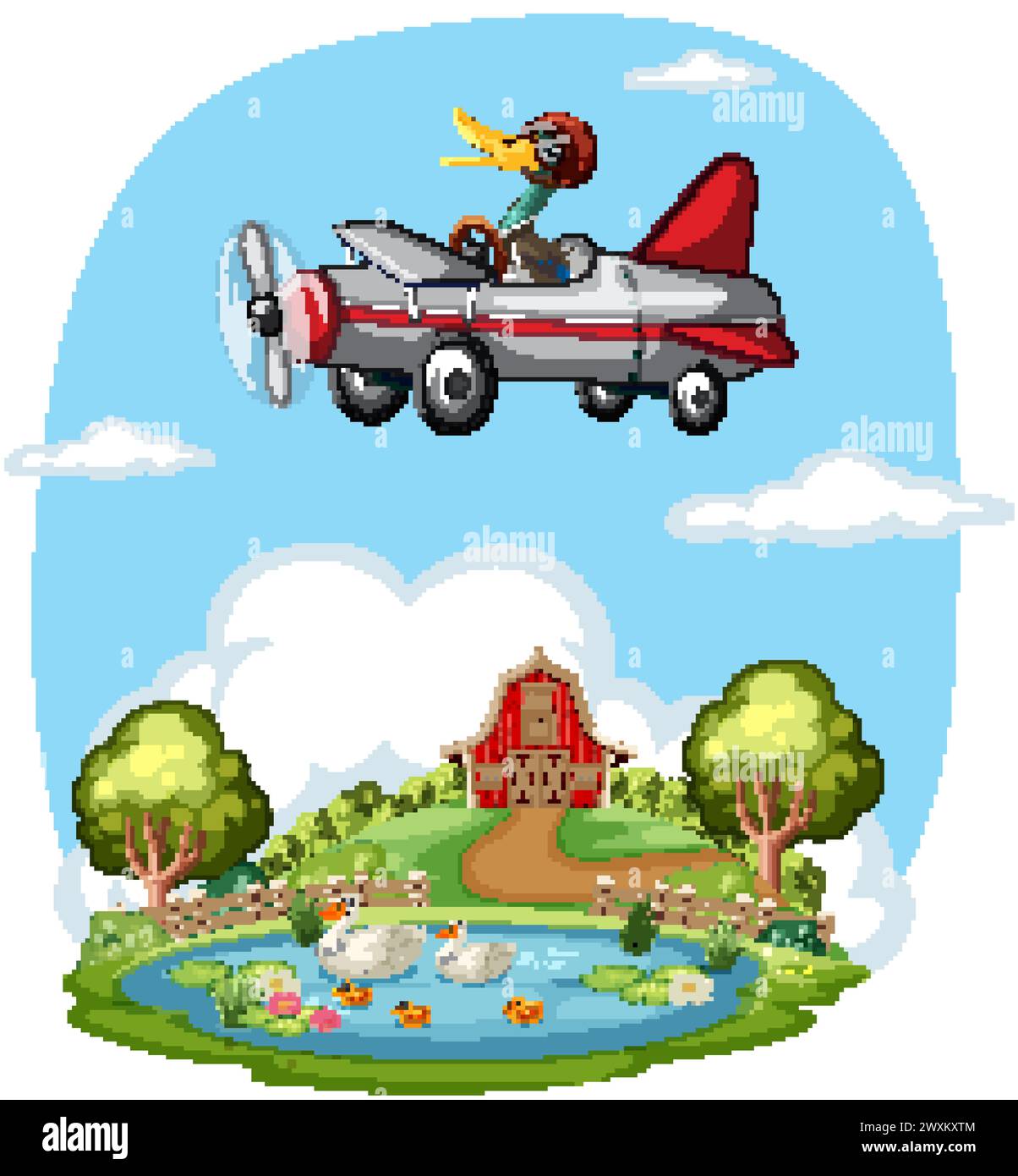 Cartoon duck flying a plane above a scenic farm Stock Vector Image ...