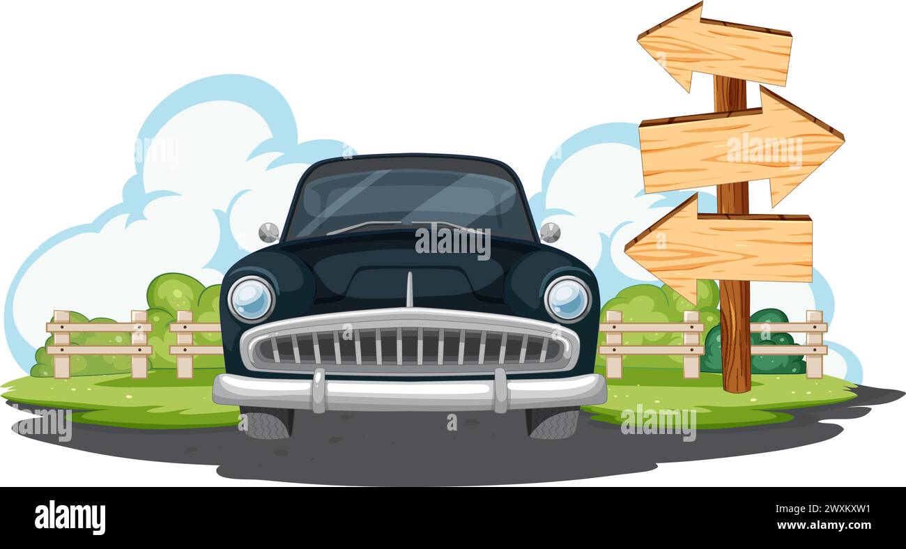 Classic car facing wooden directional arrows on a road Stock Vector ...
