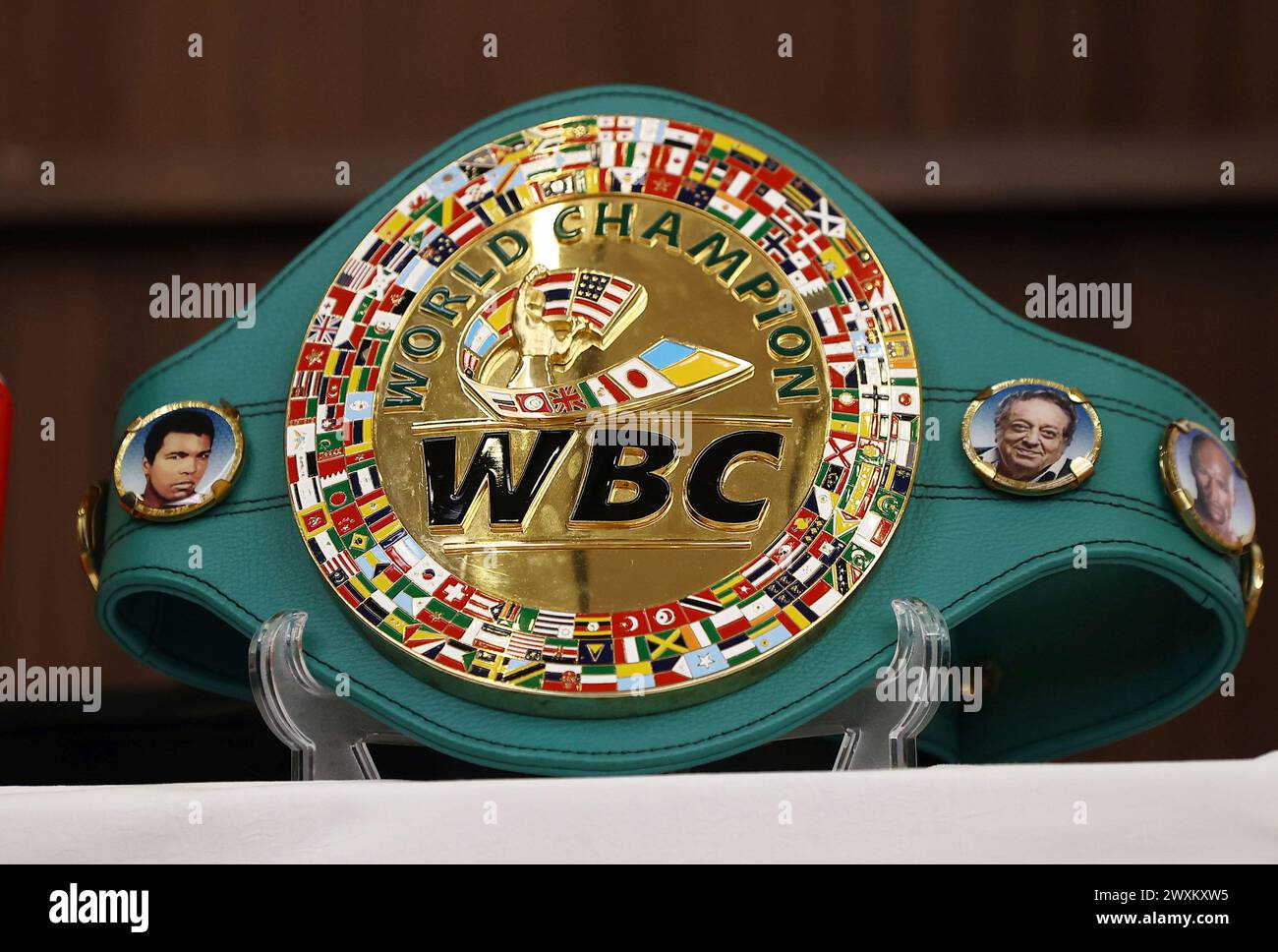 A photo shows a championship belt of WBC (World Boxing Council) in ...