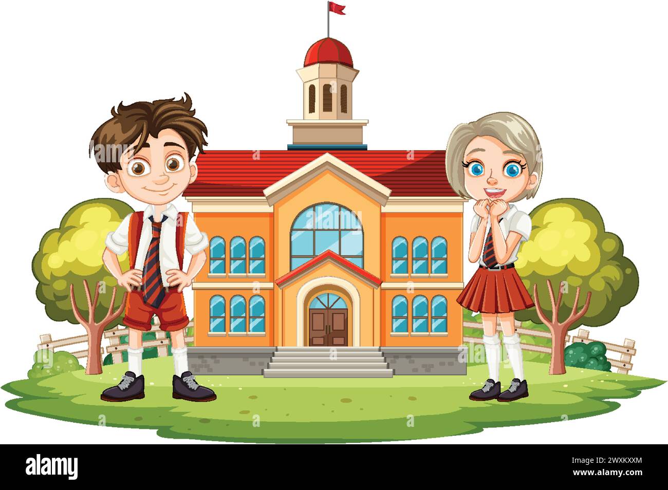 Two cartoon children smiling in front of a school Stock Vector Image ...