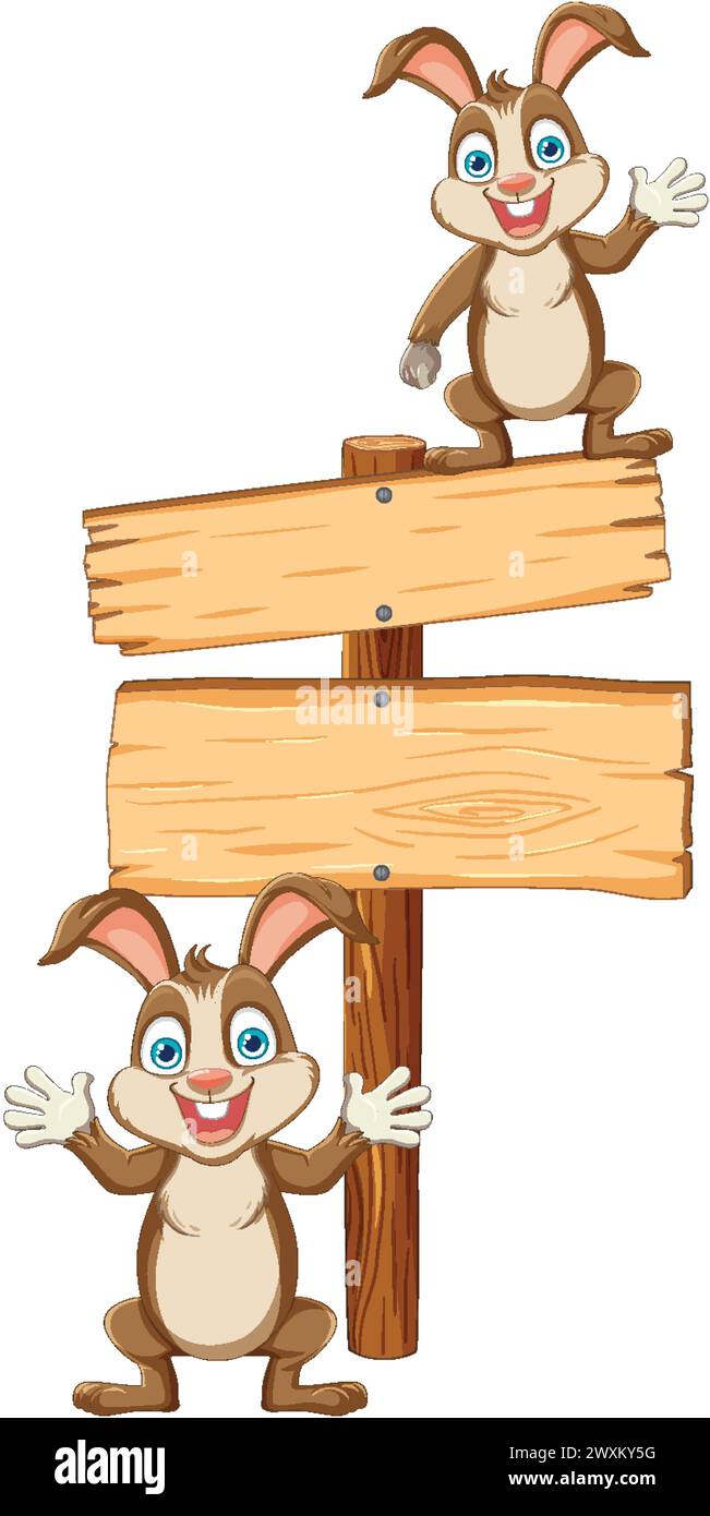 Two happy rabbits presenting an empty signboard Stock Vector Image ...