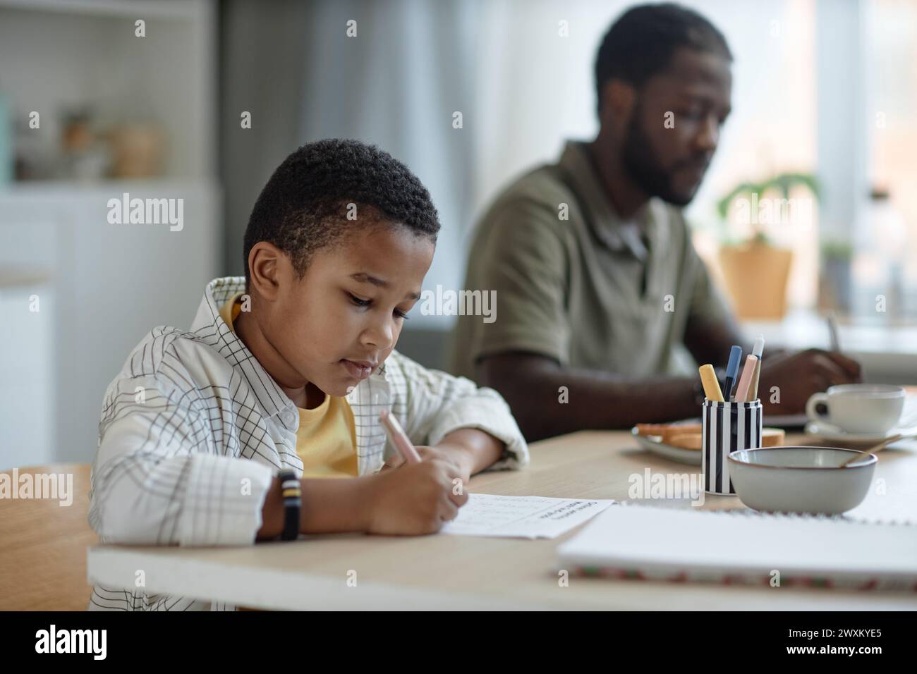 Side view portrait of African American boy doing homework at kitchen ...