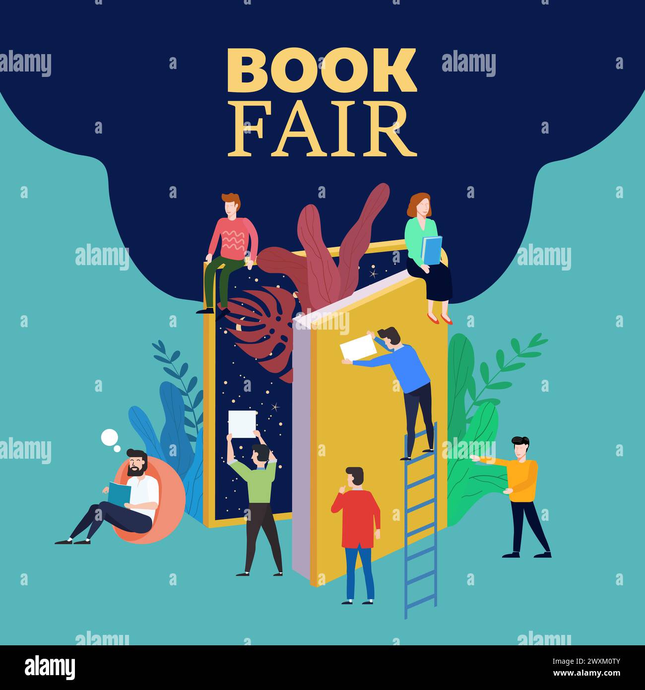 Woman reading girl book vector kid school hi-res stock photography and ...