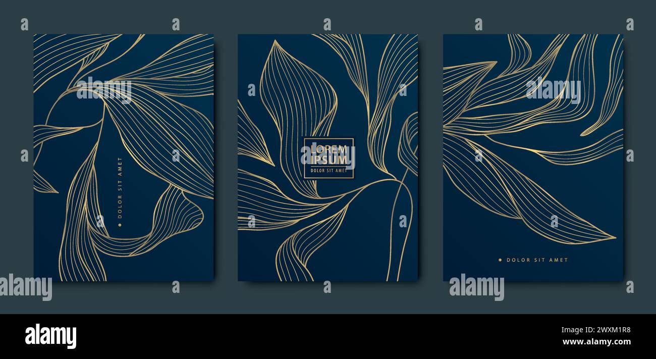 Vector set of art deco gold leaves background, copper luxury abstract ...