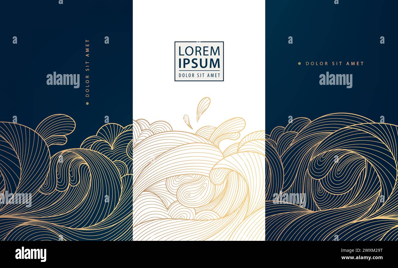 Vector set of luxury labels, wave tags in line japanese style. Elegant ...